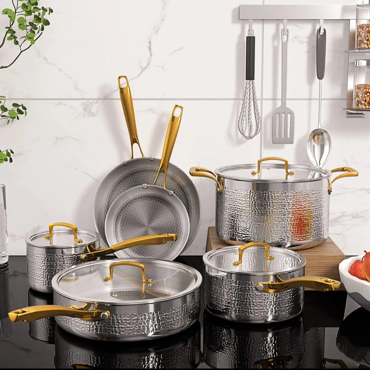 Uakeen 10 PCS Premium Tri-Ply Stainless Steel Cookware Set Hammered De ...