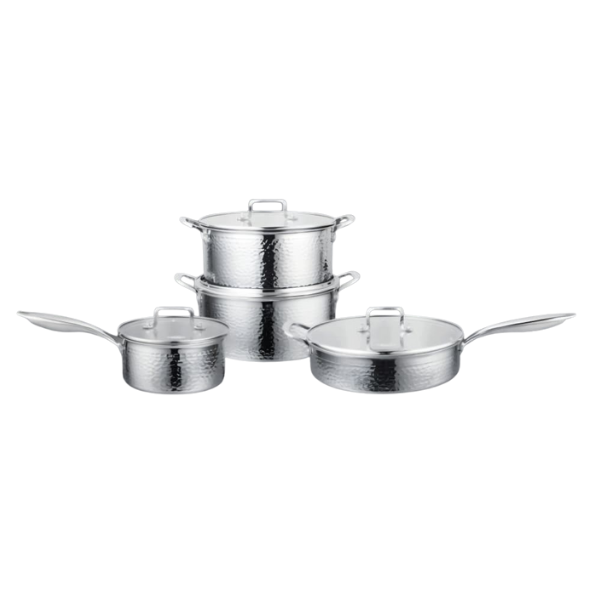 8PCS Premium Triply Stainless Steel Cookware Set – Hammered Design, No ...